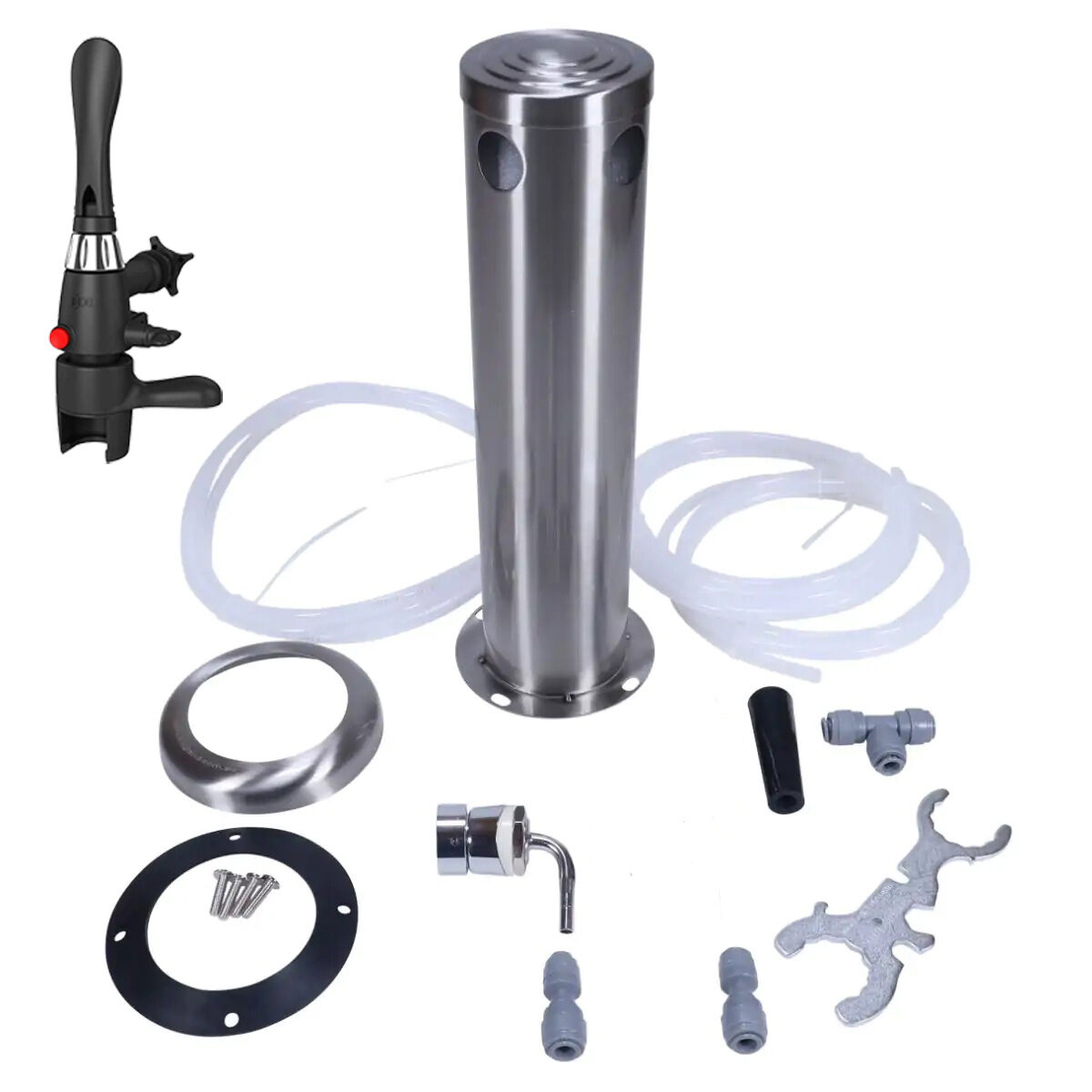 Fadølstårn i rustfrit stål til 2 haner med iTap X, slanger og fittings